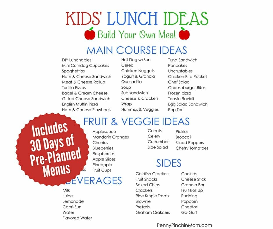 Lunch Ideas for Kids (Includes Printable Menu List for School)